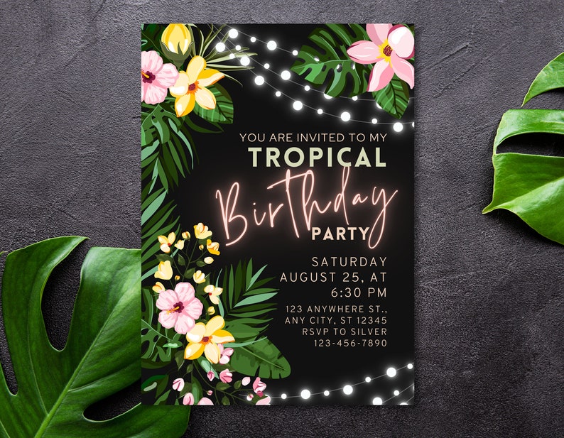 Editable Tropical Birthday Party Invitation, Black Birthday Invite ...