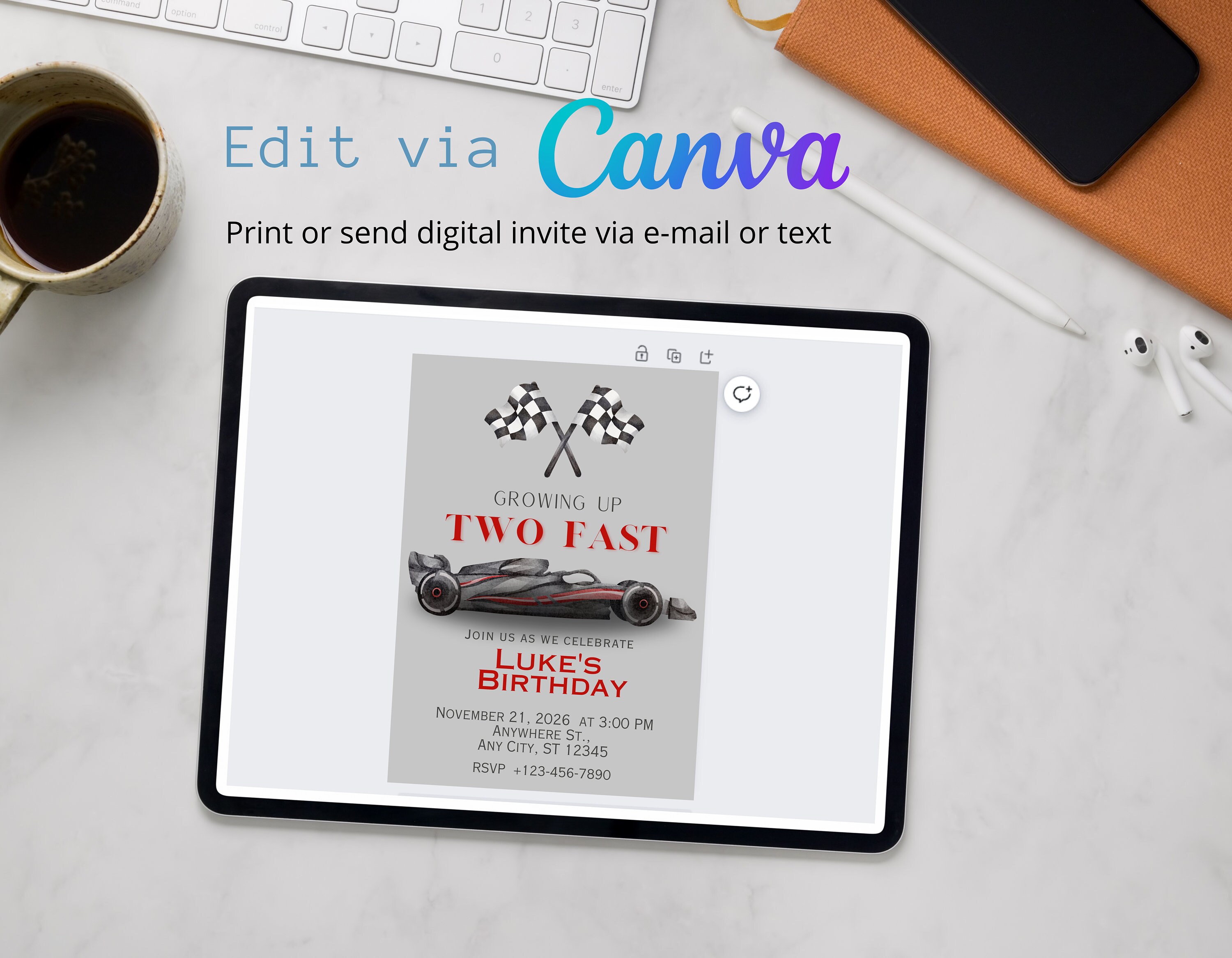 Editable Rally Theme Birthday Invitation, Children Birthday Party ...