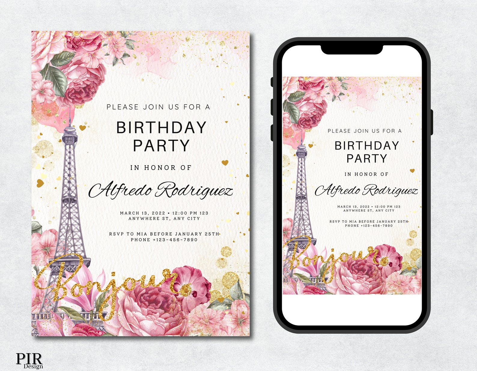 Editable Paris Themed Birthday Party Invitation, Pink Bonjour Birthday ...