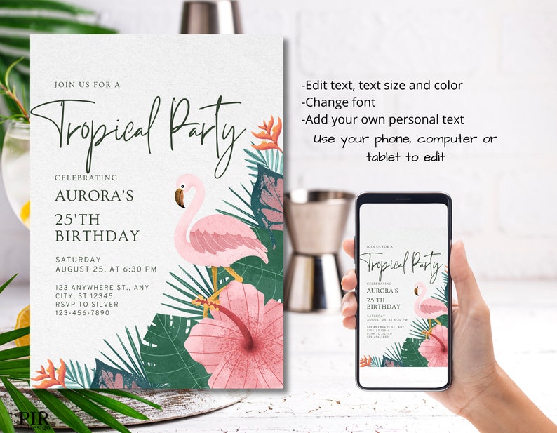 Tropical Birthday Party Invitation: Flamingo Canva Template (digital ...