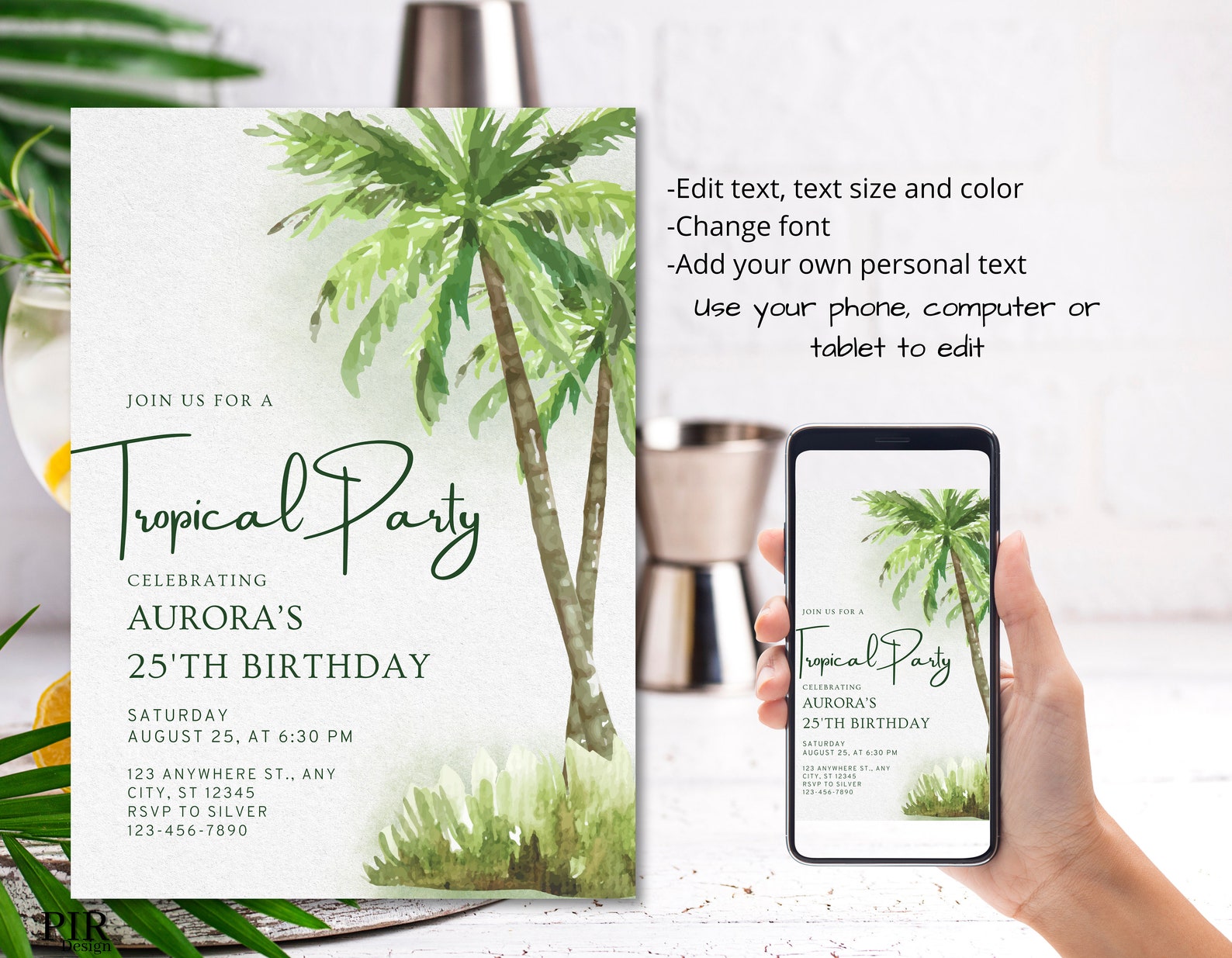Editable Tropical Birthday Party Invitation, Simple Palm Tree Invite ...