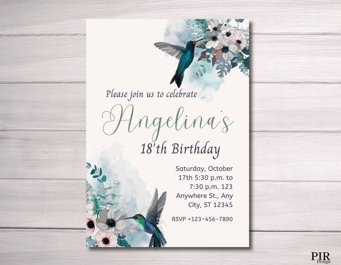Blue Hummingbird Birthday Invitation, Digital Invite, Editable ...