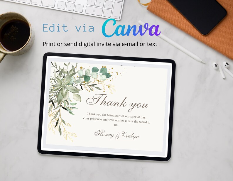 Green Gold Foliage Thank You Card, Thank You Card Template, Printable ...