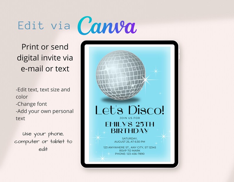 Editable Pink and Black Disco Birthday Party Invitation, Let's Disco ...