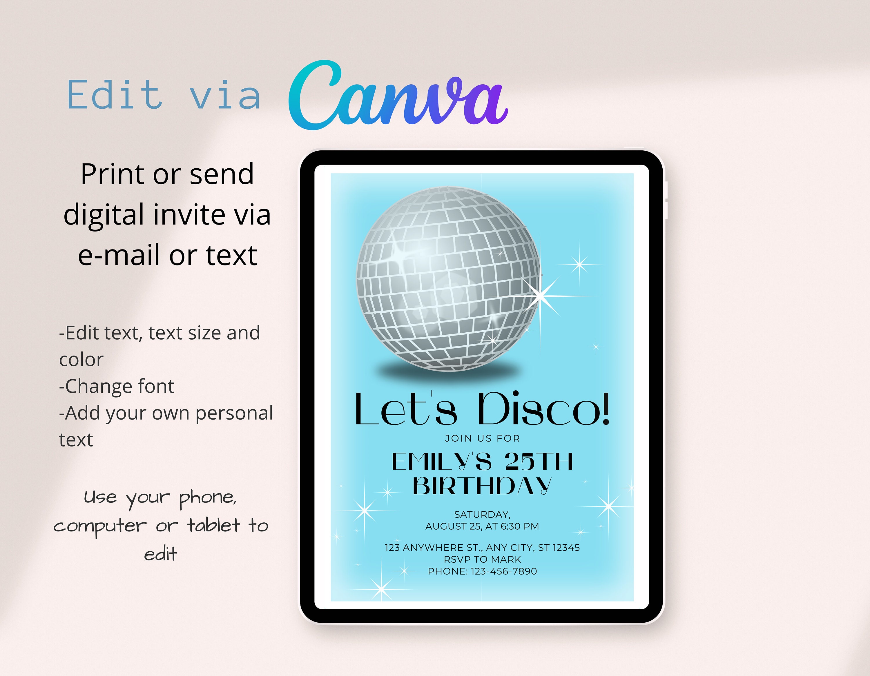 Editable Pink and Black Disco Birthday Party Invitation, Let's Disco ...