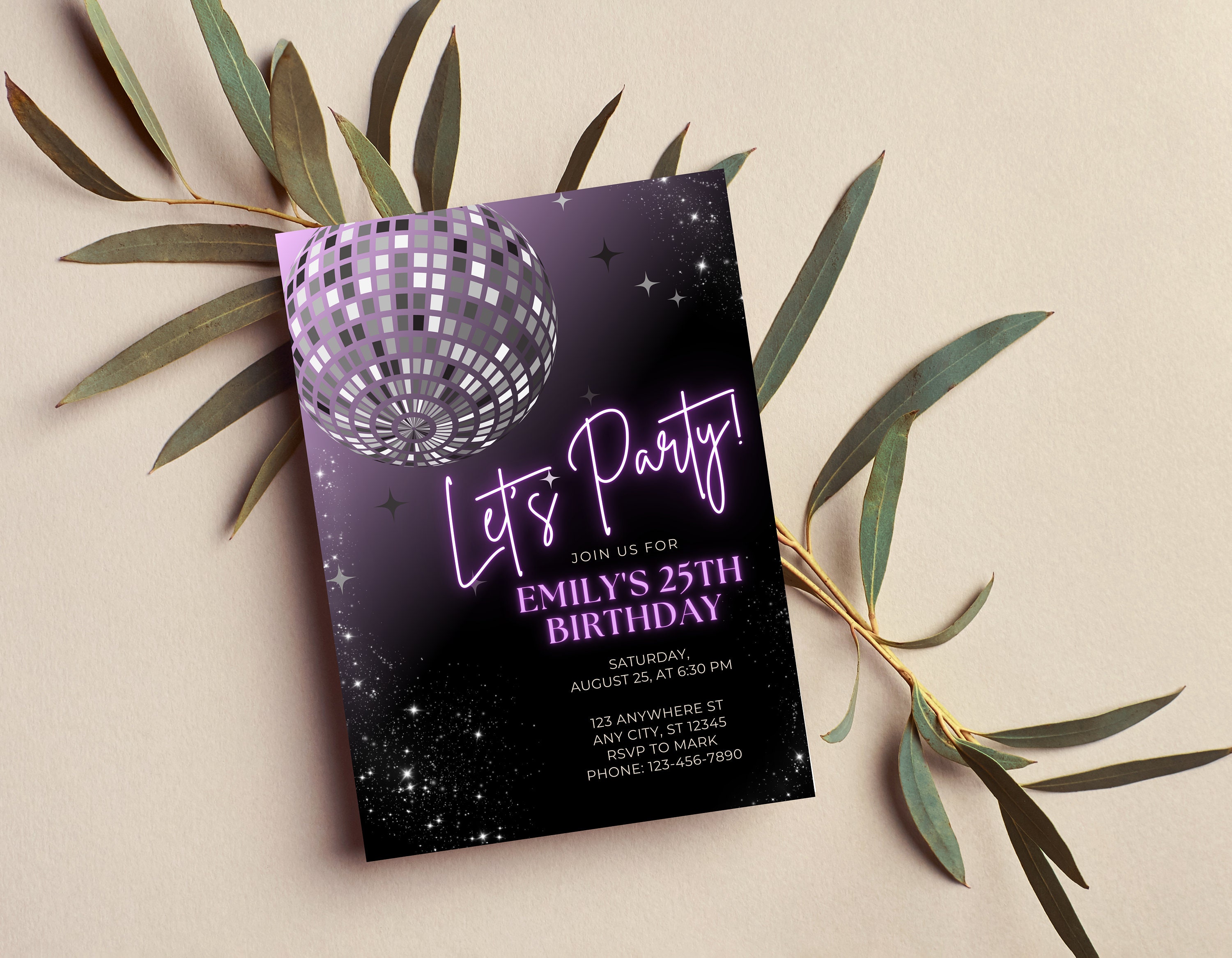 Editable Purple and Black Disco Birthday Party Invitation, Let's Party ...