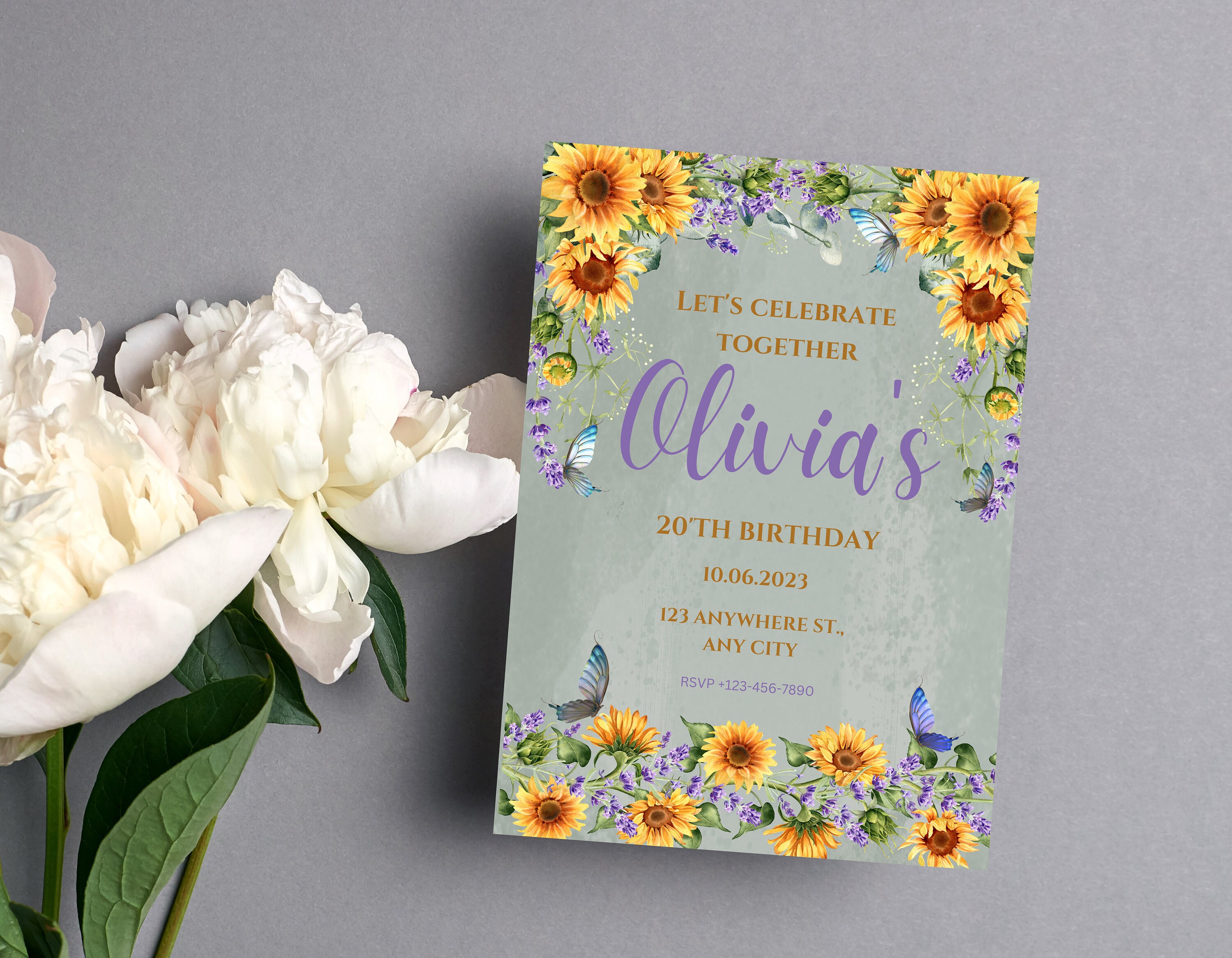 Sunflower Butterfly Birthday Invitation, Digital Invite, Editable Any ...