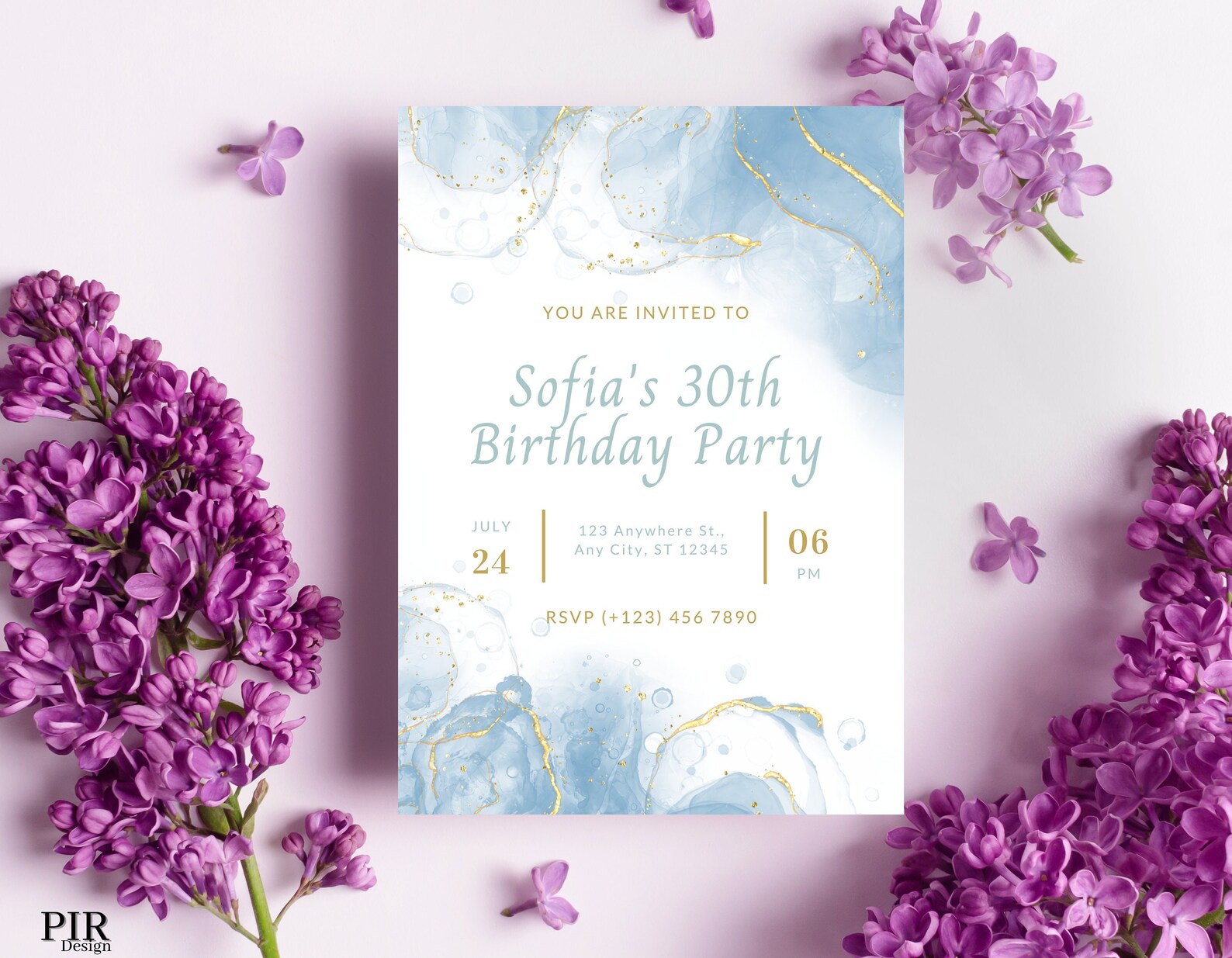 Blue White Gold Birthday Invitation Modern Digital Invite - Etsy