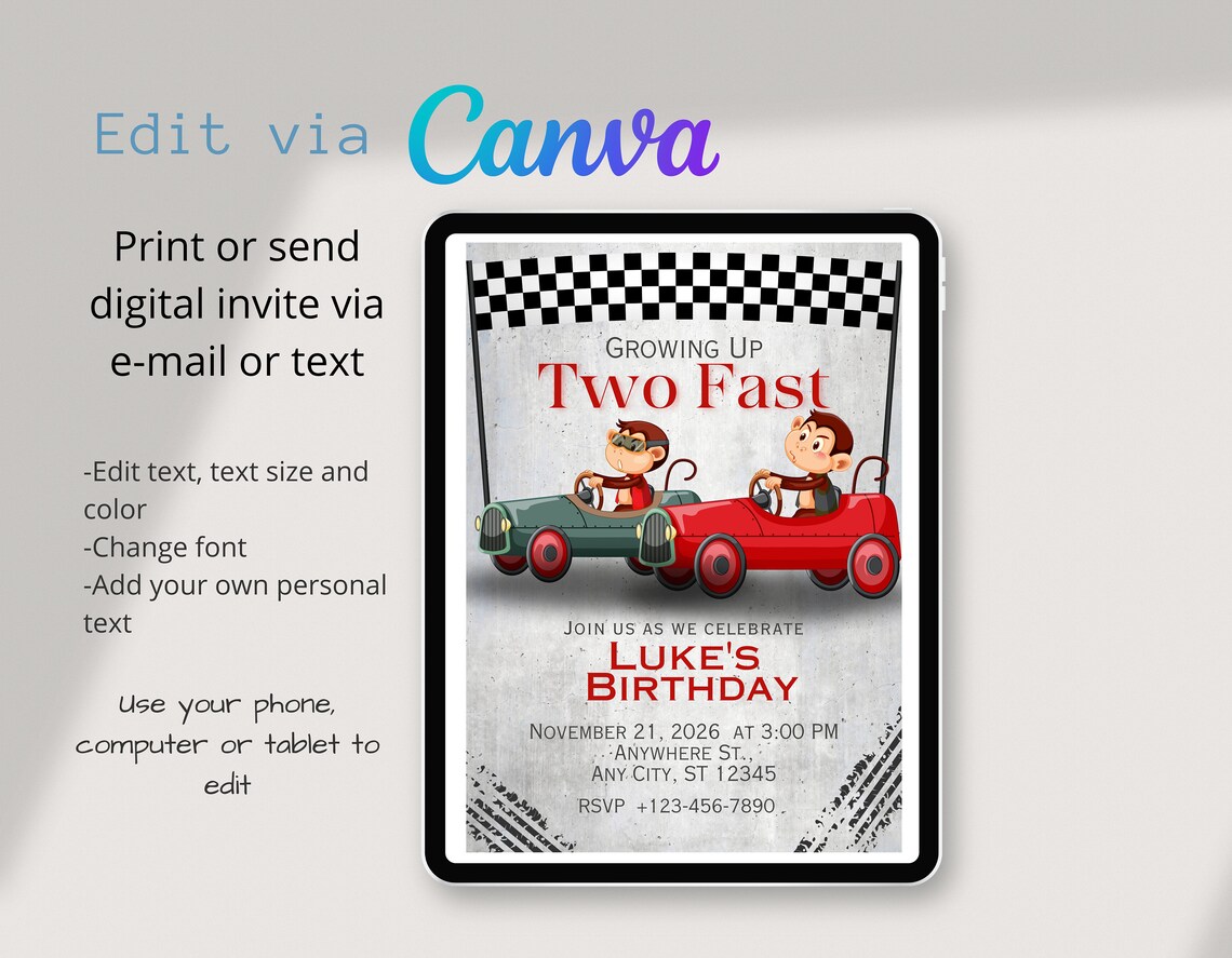 Editable Rally Theme Birthday Invitation, Children Birthday Party ...