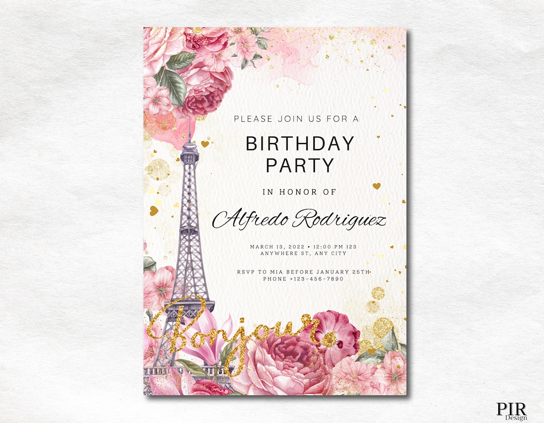 Editable Paris Themed Birthday Party Invitation, Pink Bonjour Birthday ...