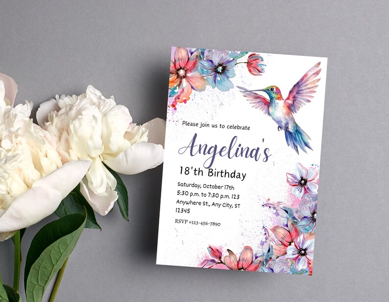 Hummingbird Birthday Invitation: Colorful Floral Design (canva Template ...