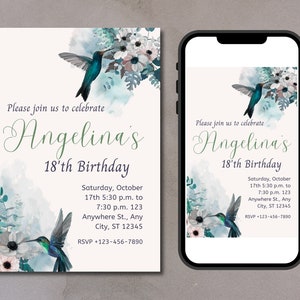 Blue Hummingbird Birthday Invitation: Editable Canva Template (digital ...