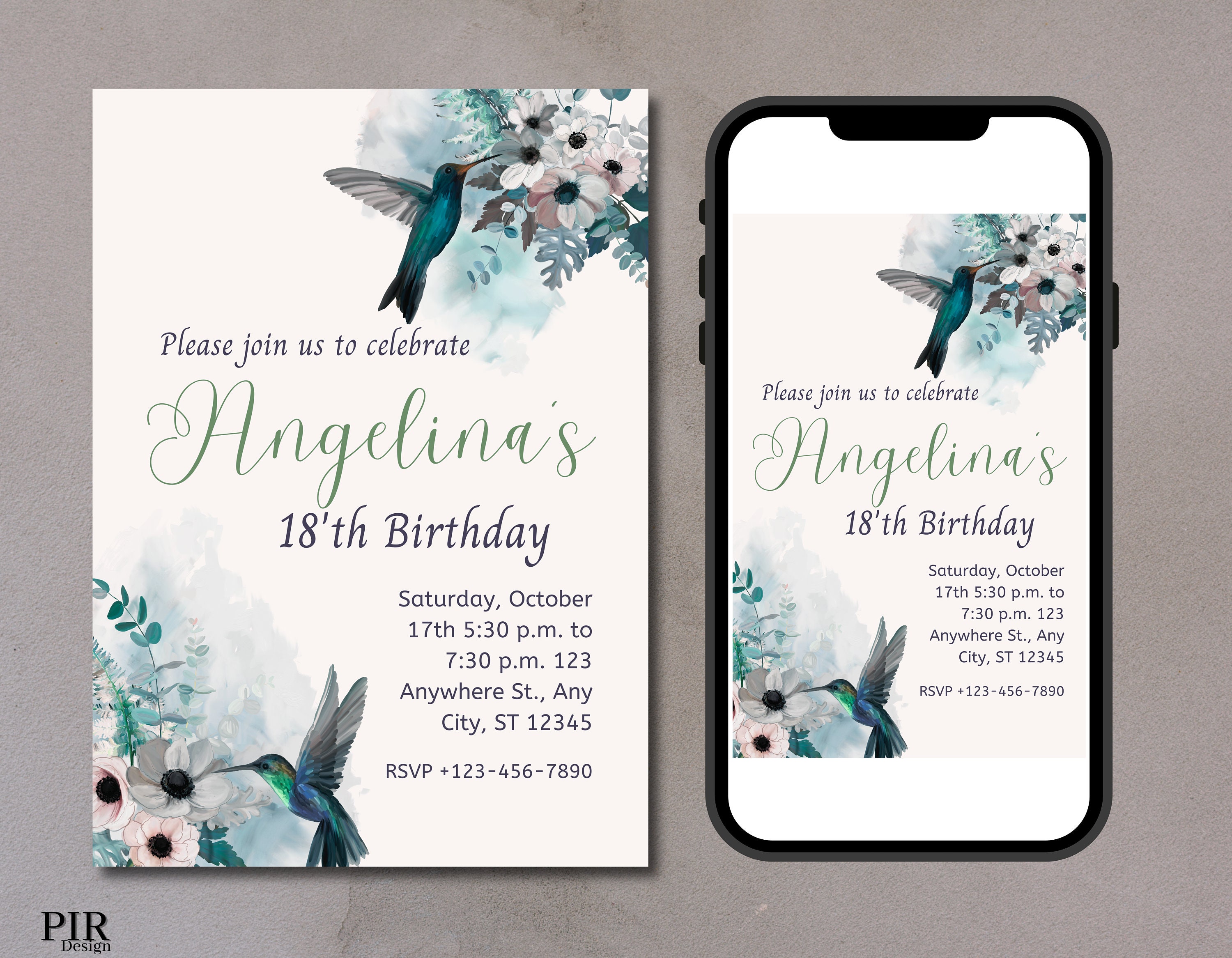 Blue Hummingbird Birthday Invitation, Digital Invite, Editable ...