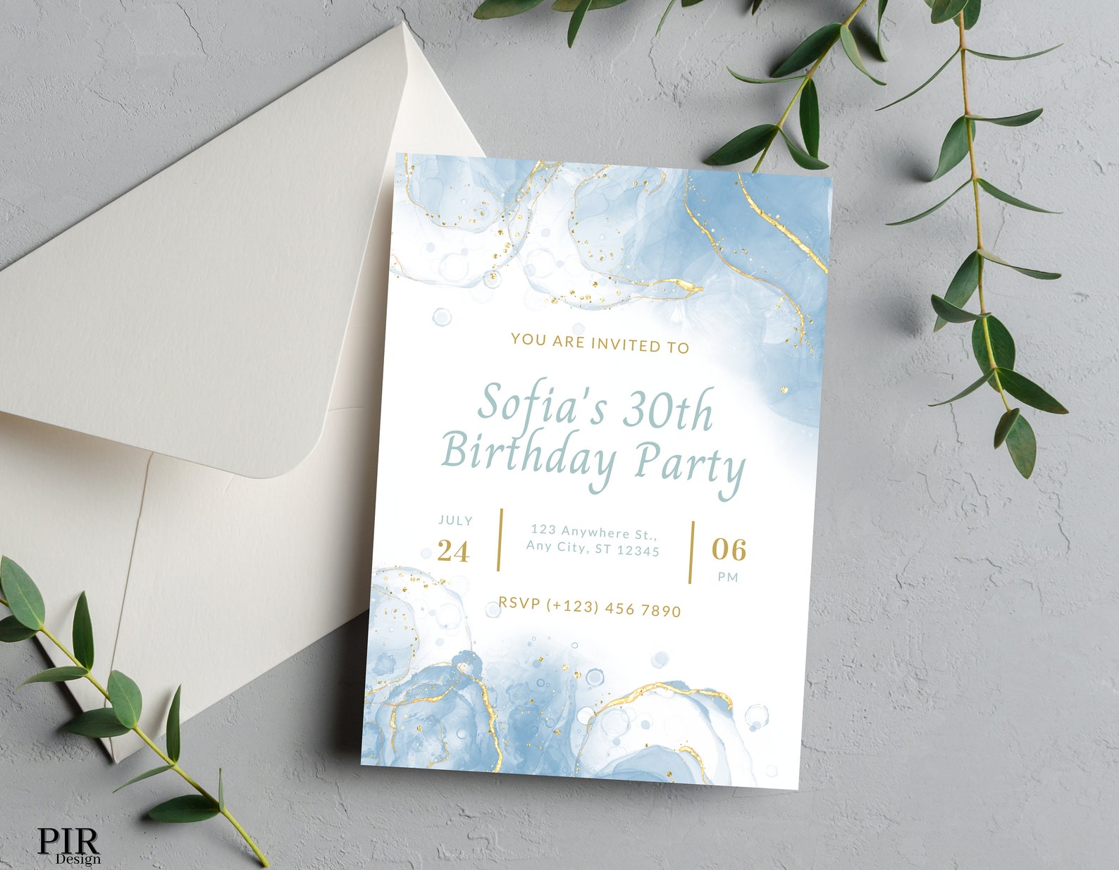Blue White Gold Birthday Invitation Modern Digital Invite - Etsy
