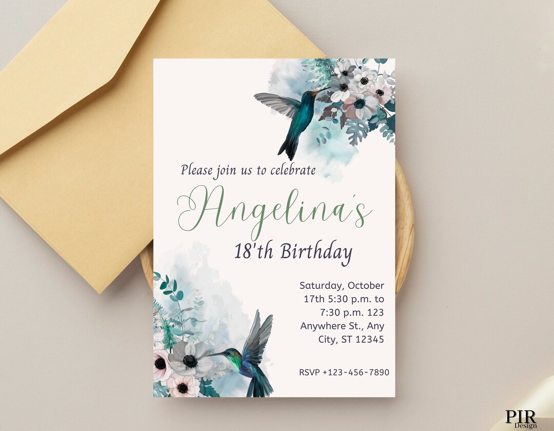 Blue Hummingbird Birthday Invitation, Digital Invite, Editable ...