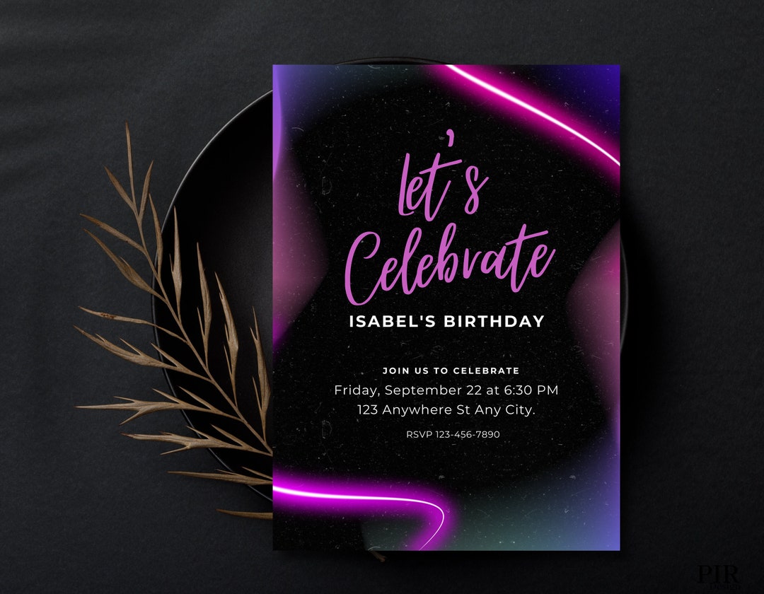 Neon Birthday Party Invitation, Glowing Let's Party Digital Invite ...