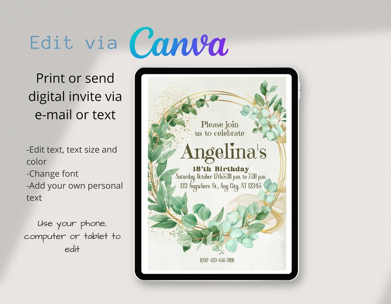 Green & Gold Foliage Birthday Invitation: Minimalist Template (digital ...