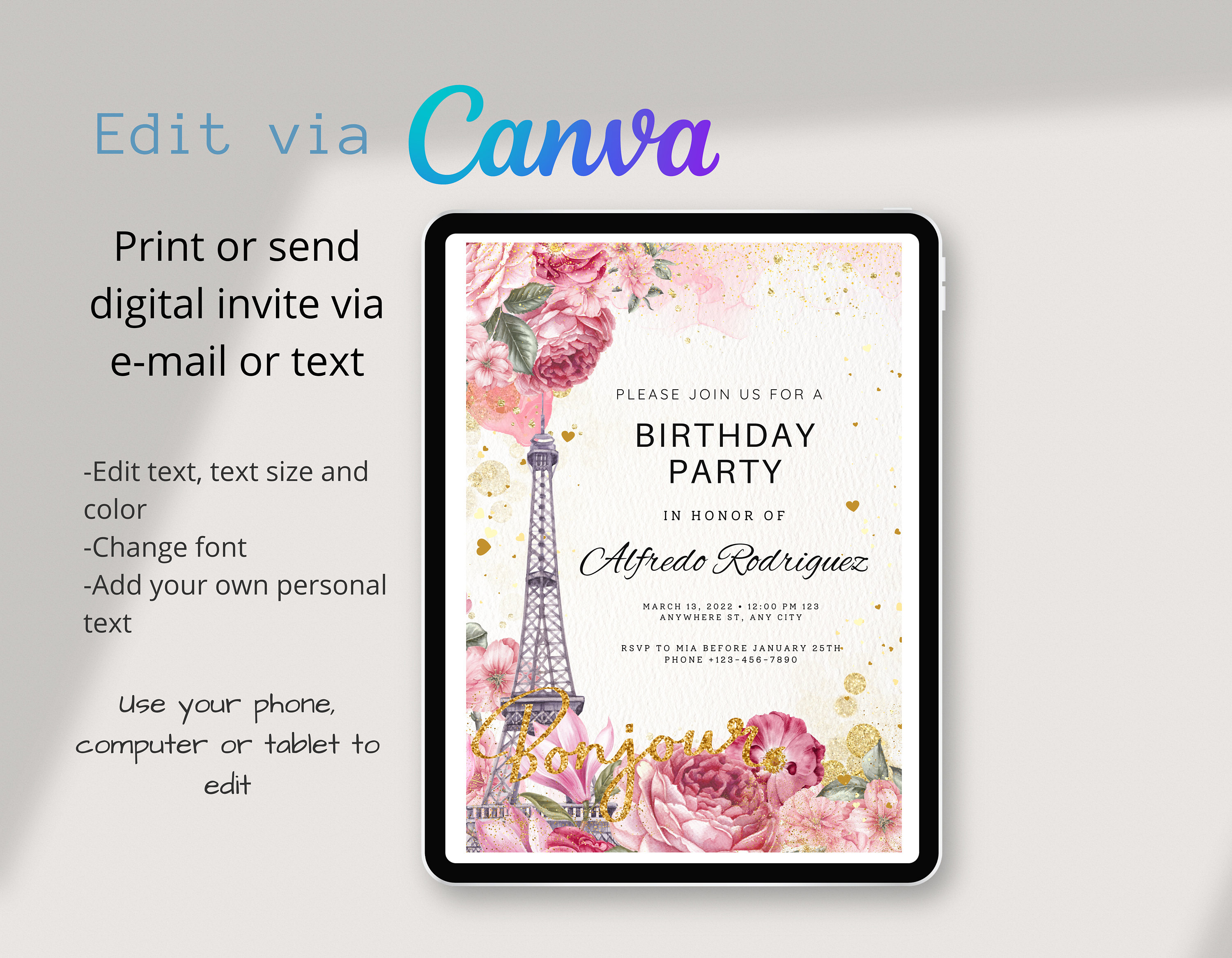 Editable Paris Themed Birthday Party Invitation, Pink Bonjour Birthday ...