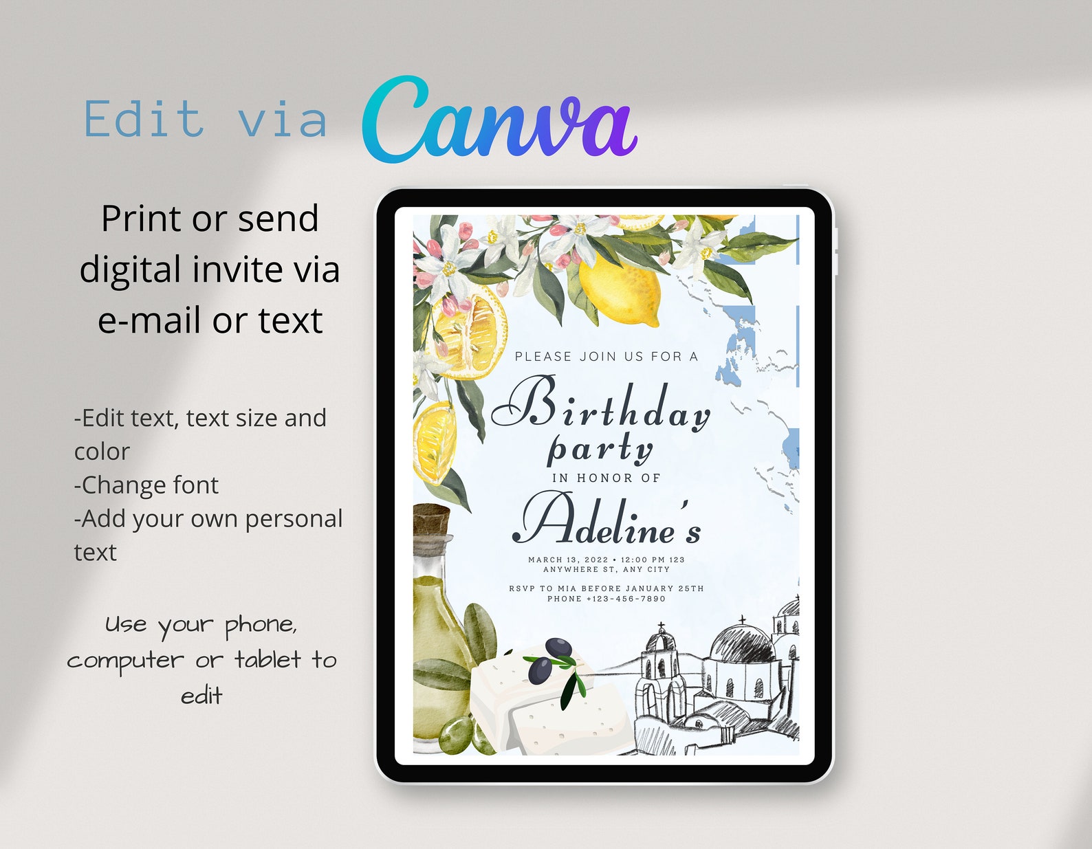 Editable Greece Themed Birthday Party Invitation, Mediterranean ...