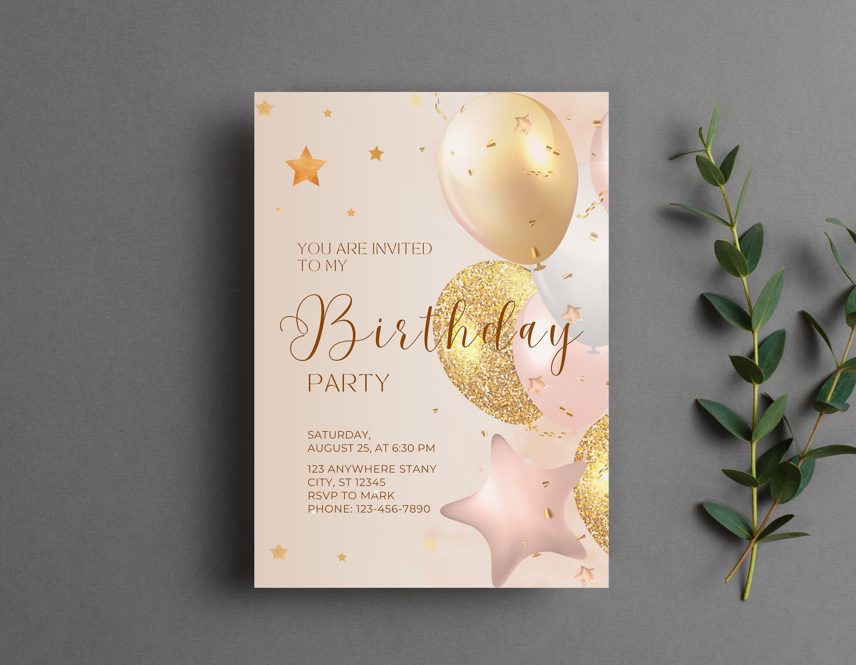 Gold Balloon Birthday Invitation: Editable Party Invite (canva Template ...