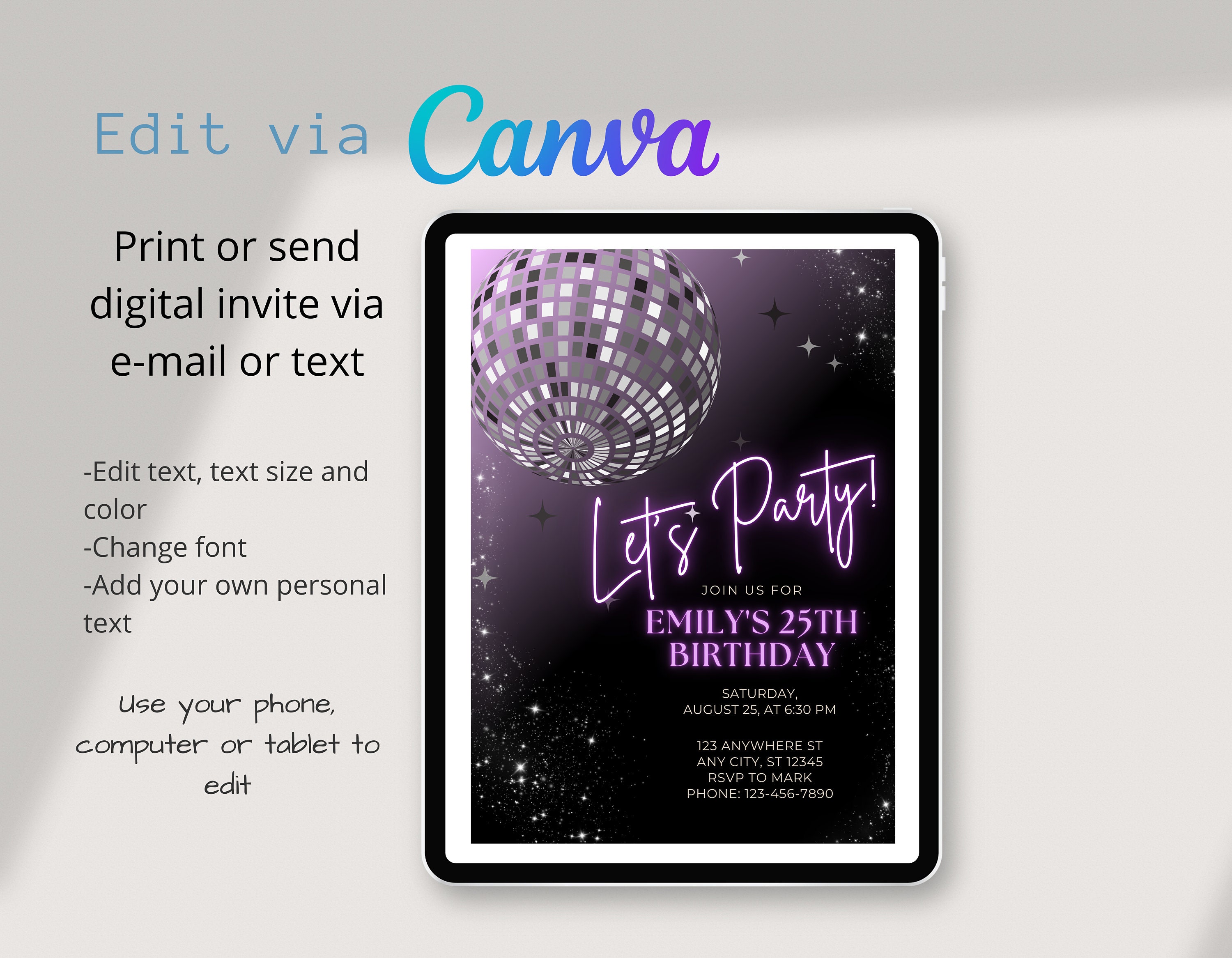 Purple Disco Birthday Party Invitation: Editable Canva Template ...