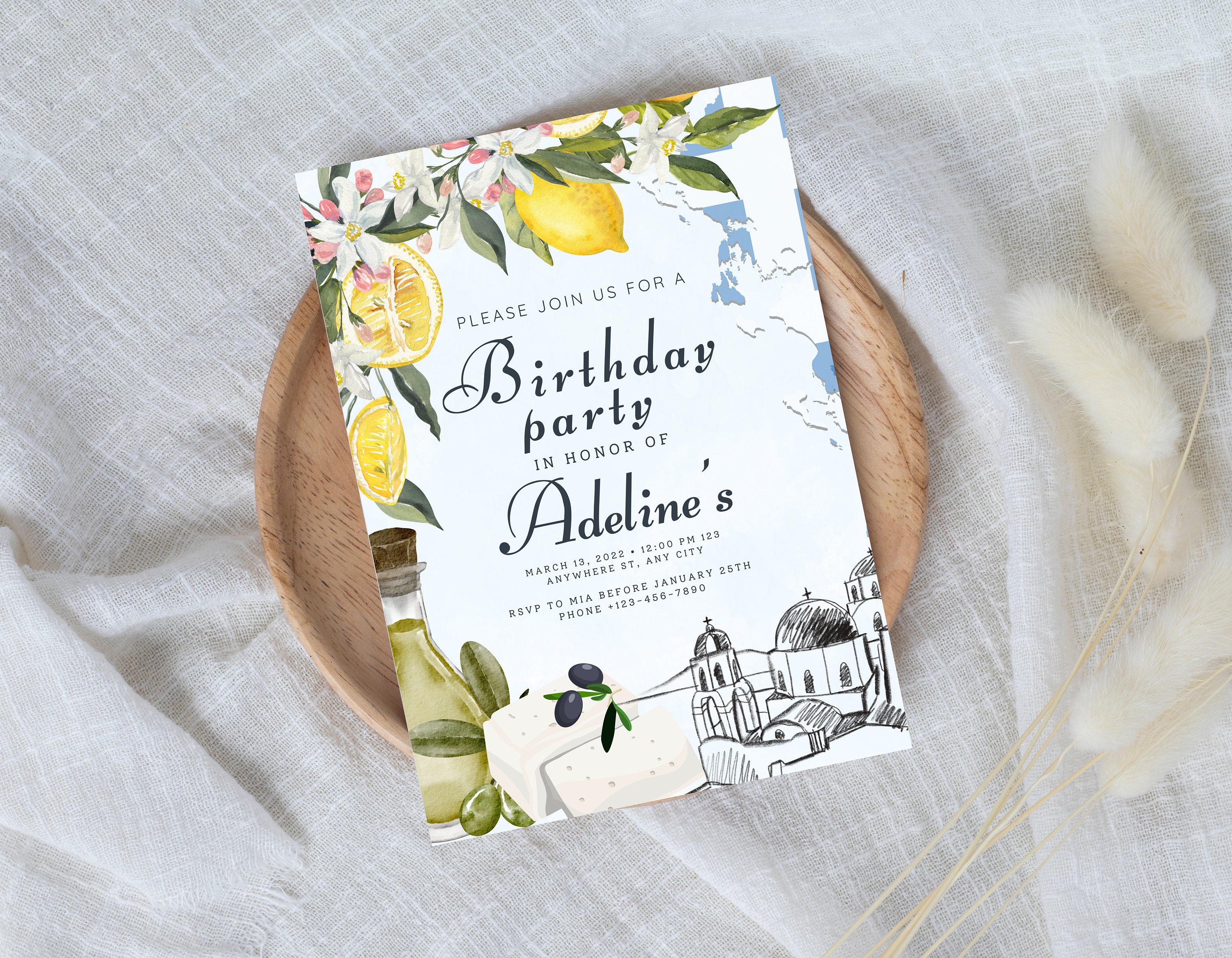 Editable Greece Themed Birthday Party Invitation, Mediterranean ...
