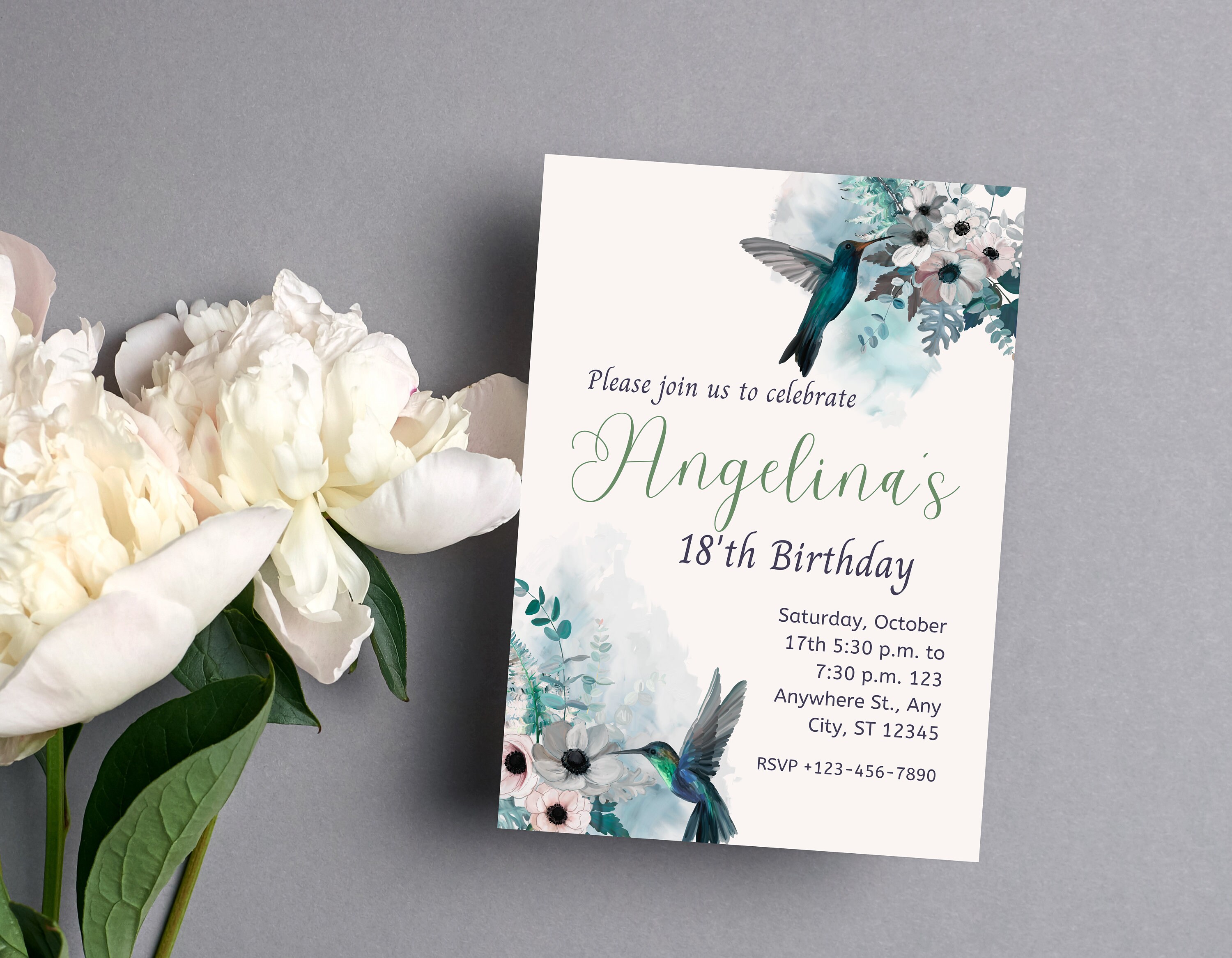 Blue Hummingbird Birthday Invitation, Digital Invite, Editable ...