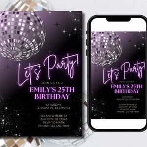 Purple Disco Birthday Party Invitation: Editable Canva Template ...
