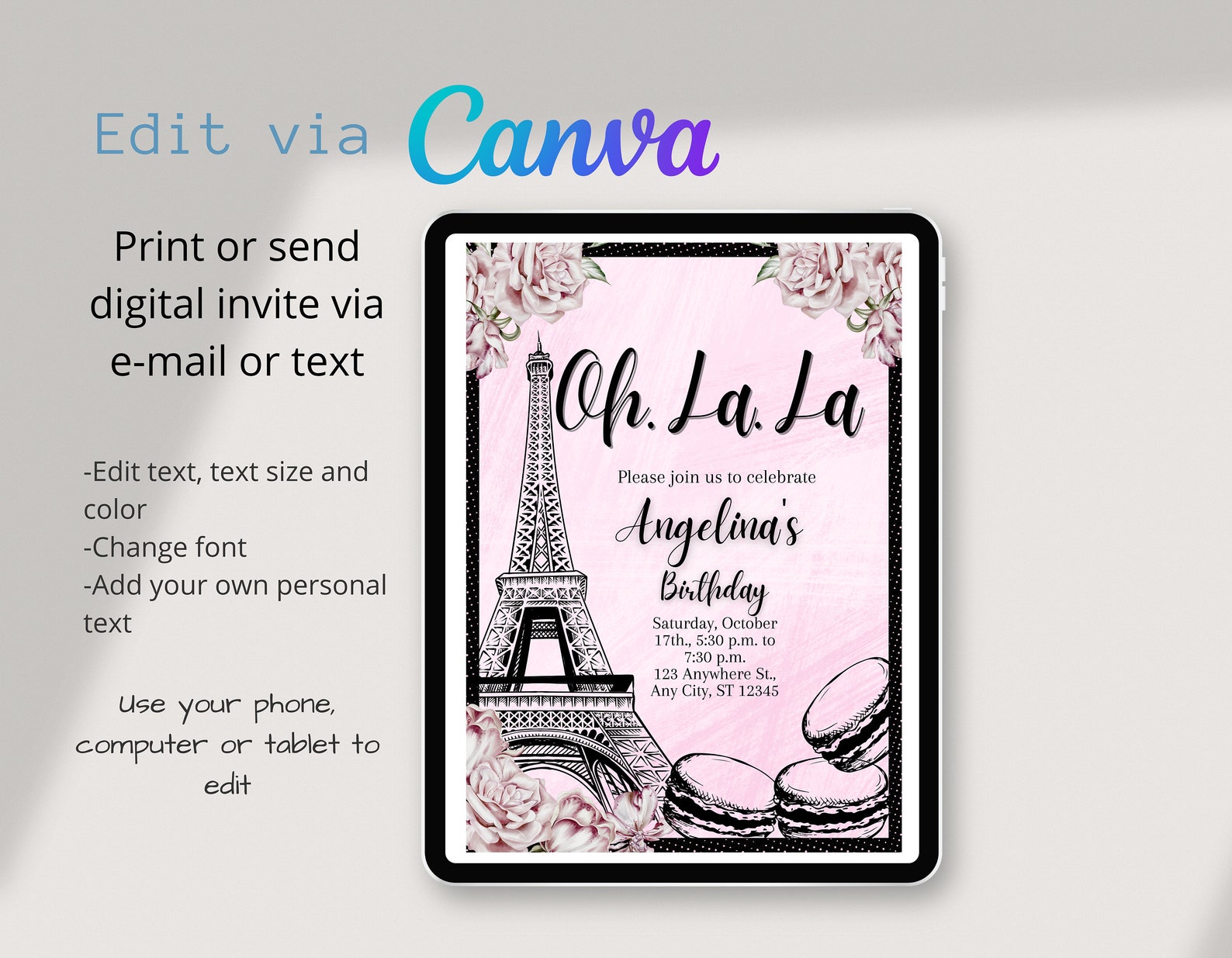 Editable Paris Themed Birthday Party Invitation, Pink Oh La La Birthday ...