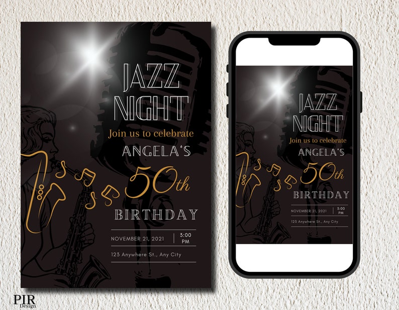 Jazz Night Birthday Invitation: Saxophone Party, Any Age (digital ...