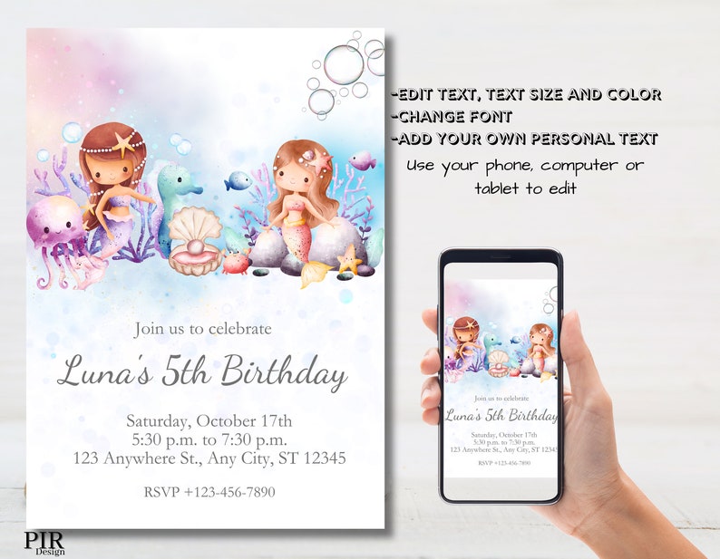 Editable Mermaid Birthday Invitation Template, Little Mermaid Under the ...