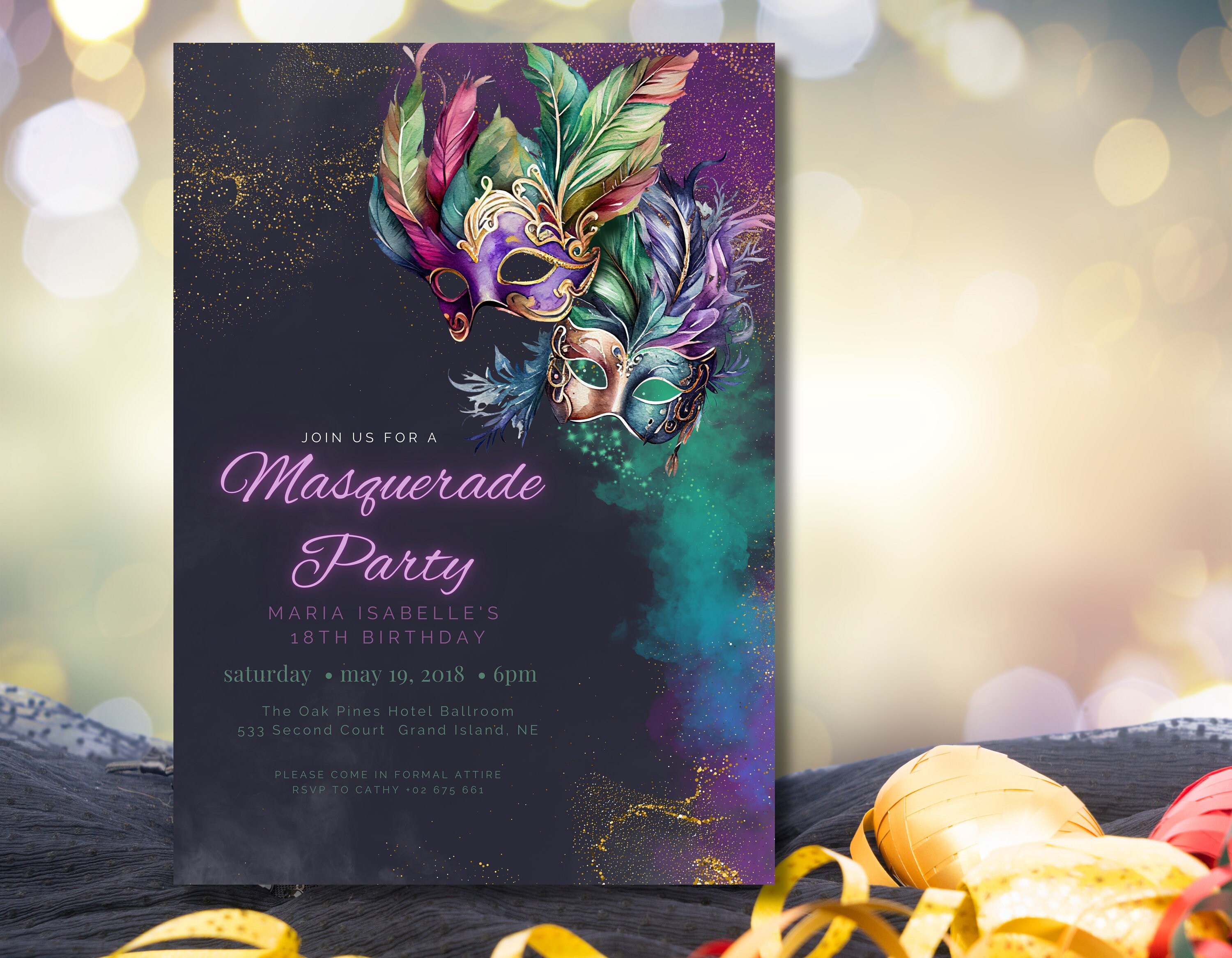 Editable Masquerade Birthday Party Invitation, Luxury Birthday Invite ...