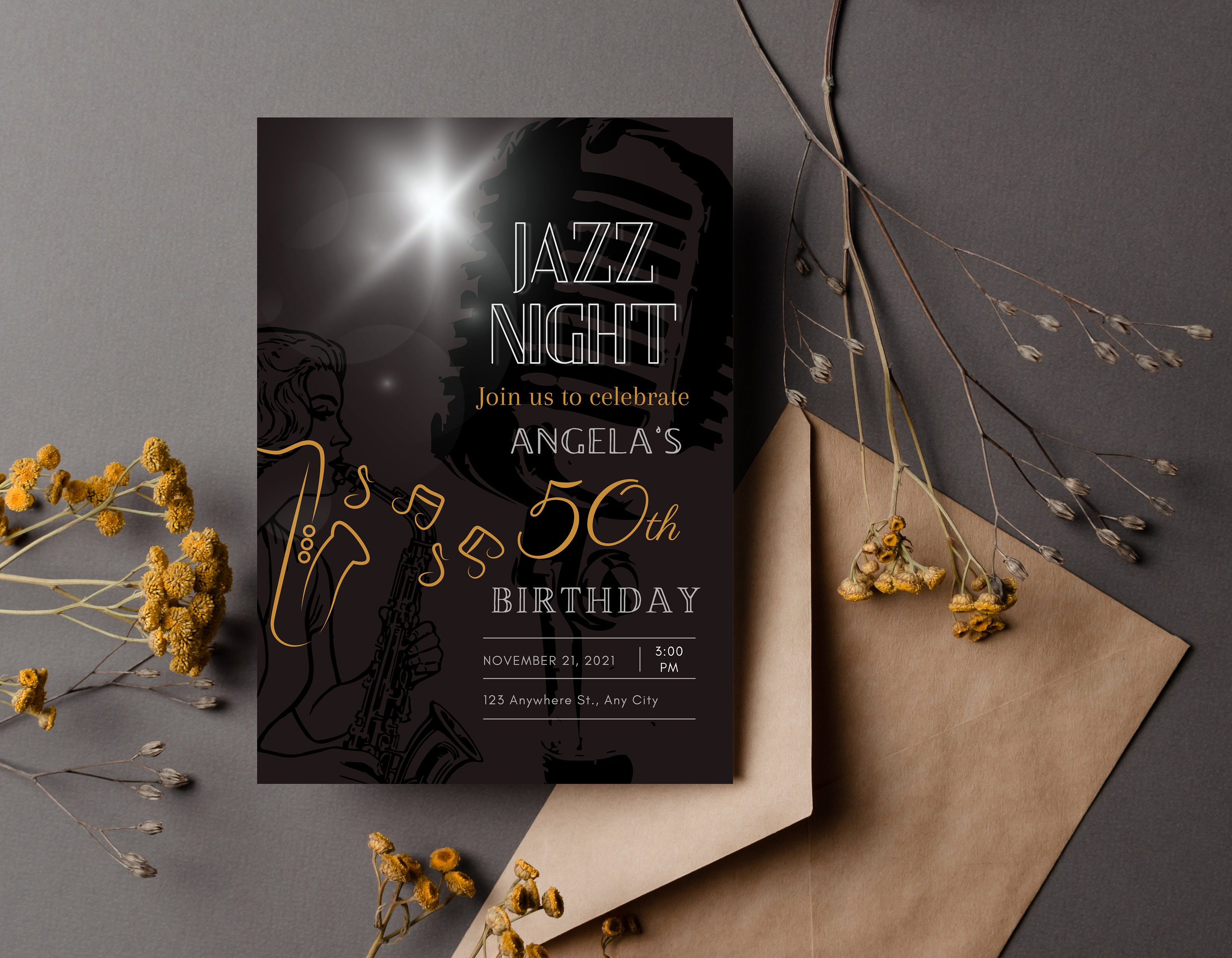 Jazz Night Invitation, Saxophone Birthday Invite, Any Age Party ...