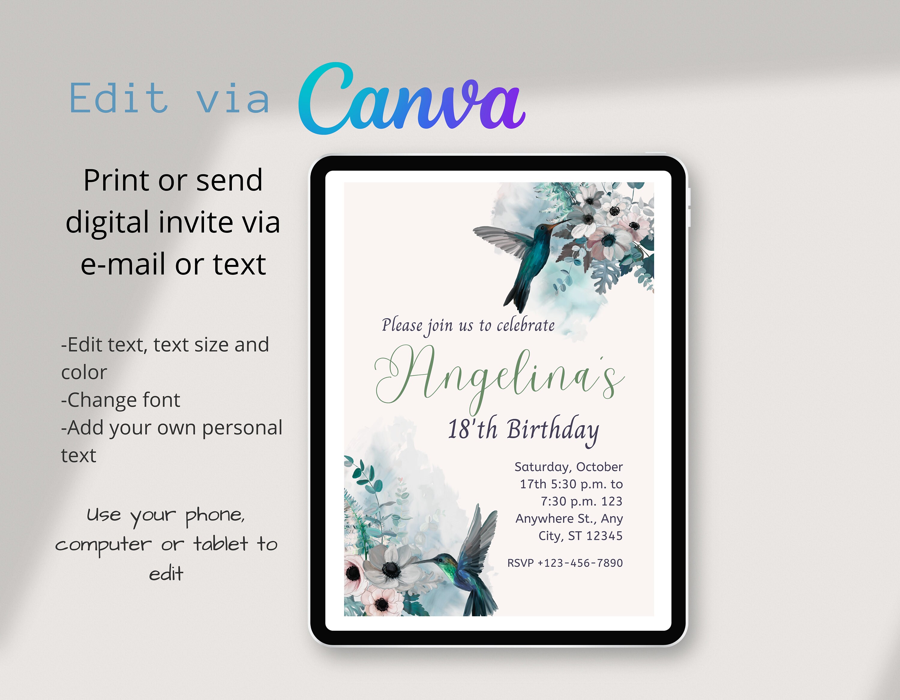 Blue Hummingbird Birthday Invitation, Digital Invite, Editable ...
