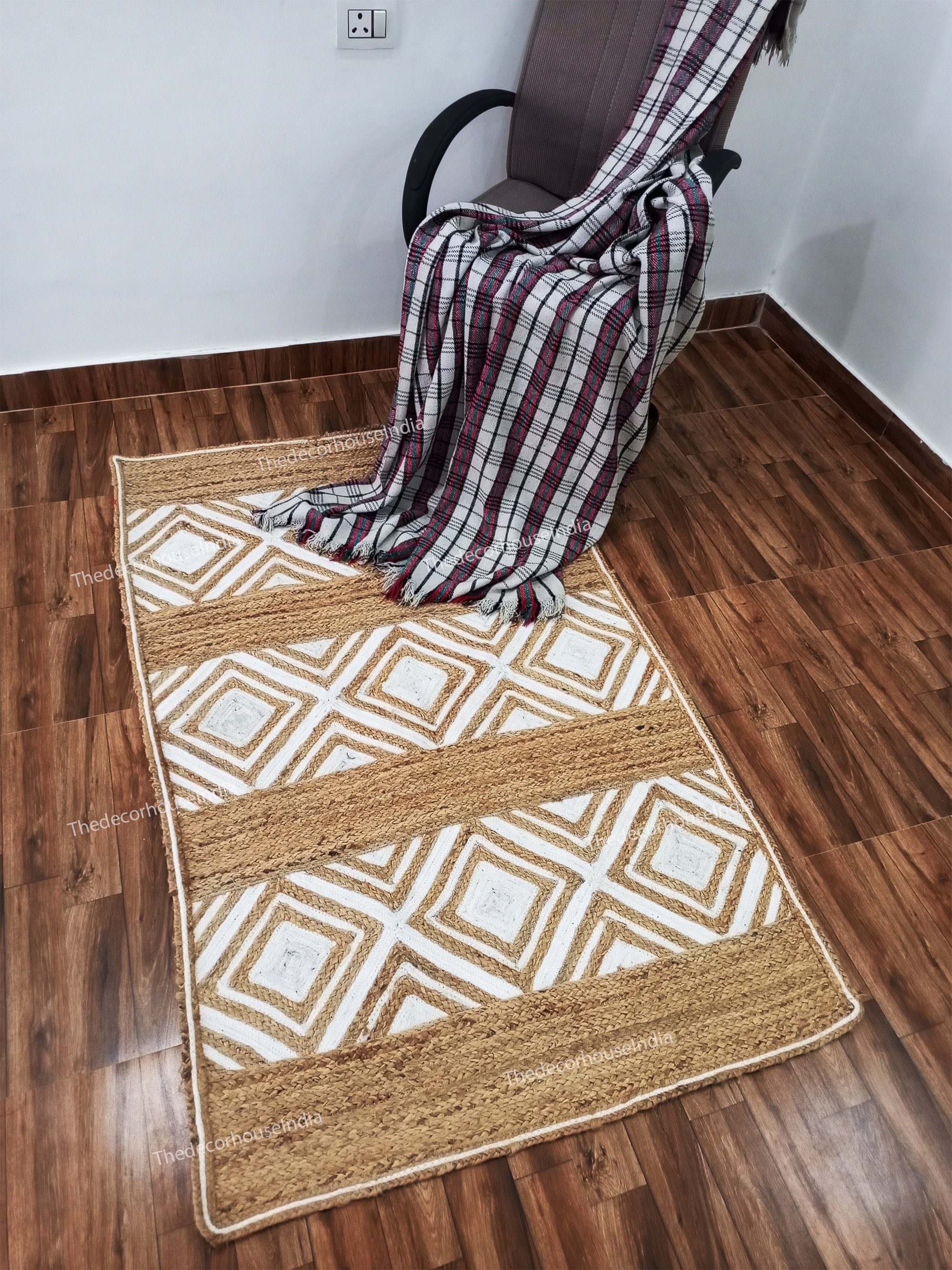 Hand Braided Jute Rug White Jute Rug Diamond Shape Rug Indian Jute Rug ...