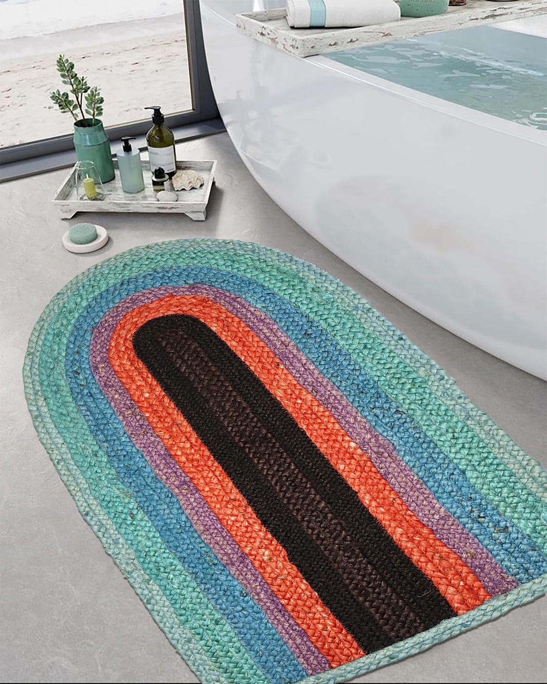 Half Oval Jute Rug: Multicolor Bohemian Door Mat - Etsy