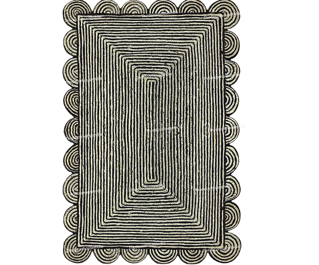 Scallop Natural Jute Custom Size Runner Boho Rug Black Scallop Edge ...