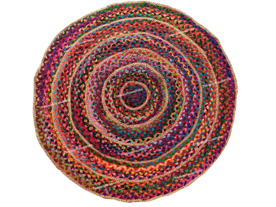 Hand Braided Circle Rug Colorful Chindi Rug Multicolor Jute Rug Round ...