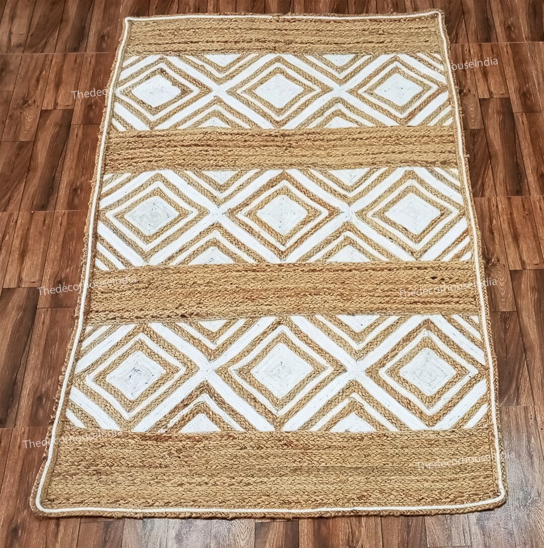 Hand Braided Jute Rug White Jute Rug Diamond Shape Rug Indian Jute Rug ...