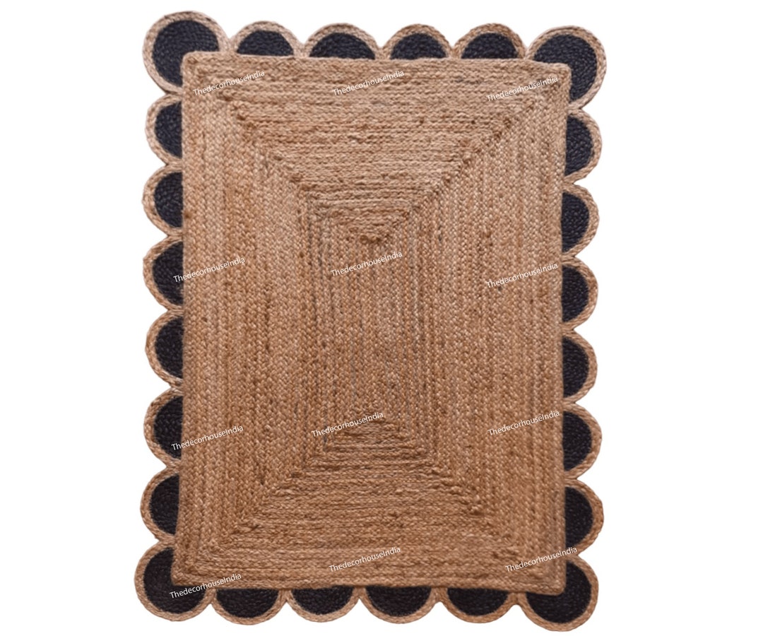 Hand Braided Jute Rug Bohemian Scalloped Jute Area Rug, Wave Edge Rug ...