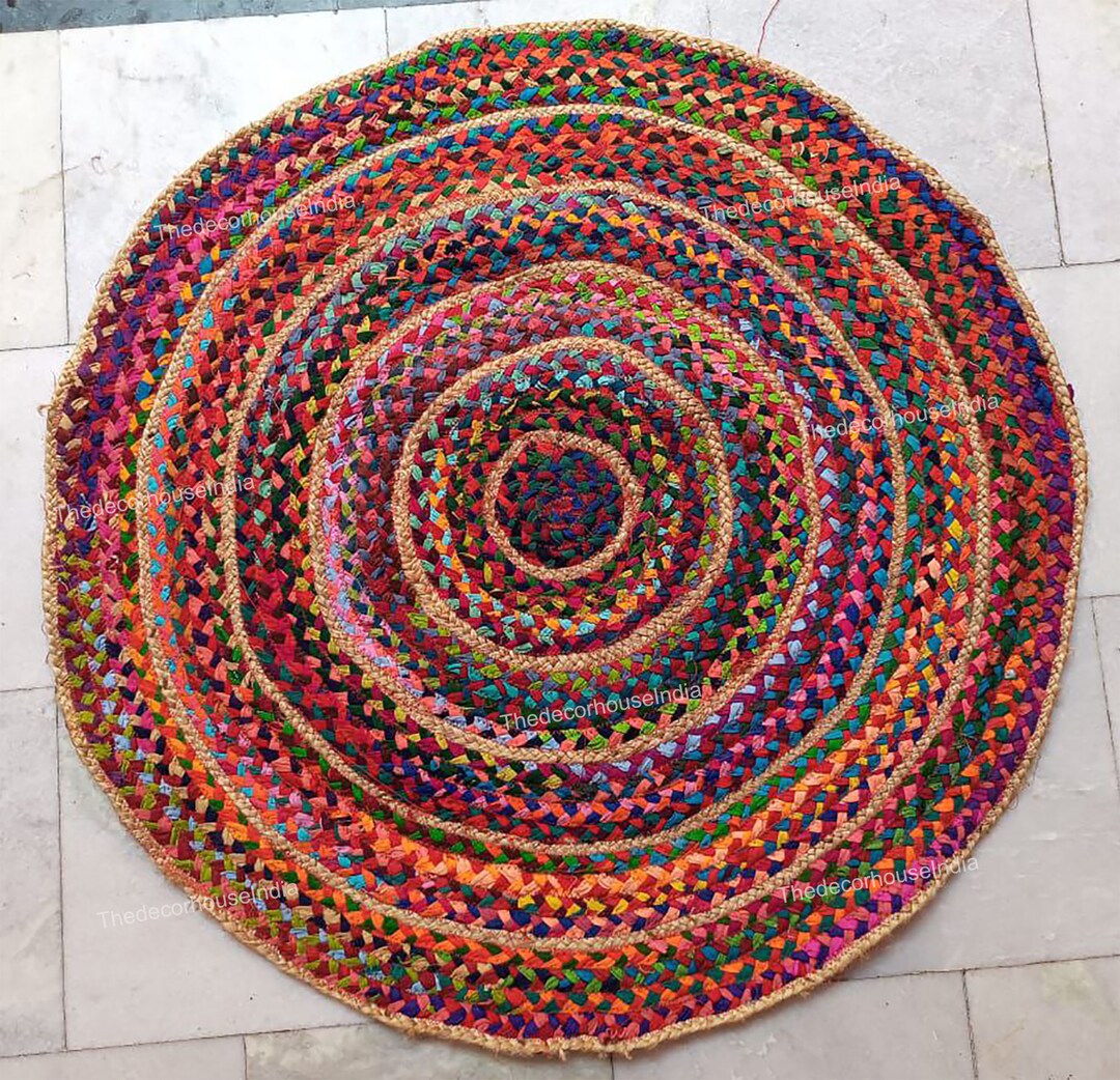 Handcrafted Multi Chindi Striped Round Jute Rag Rug Home Decor Custom ...