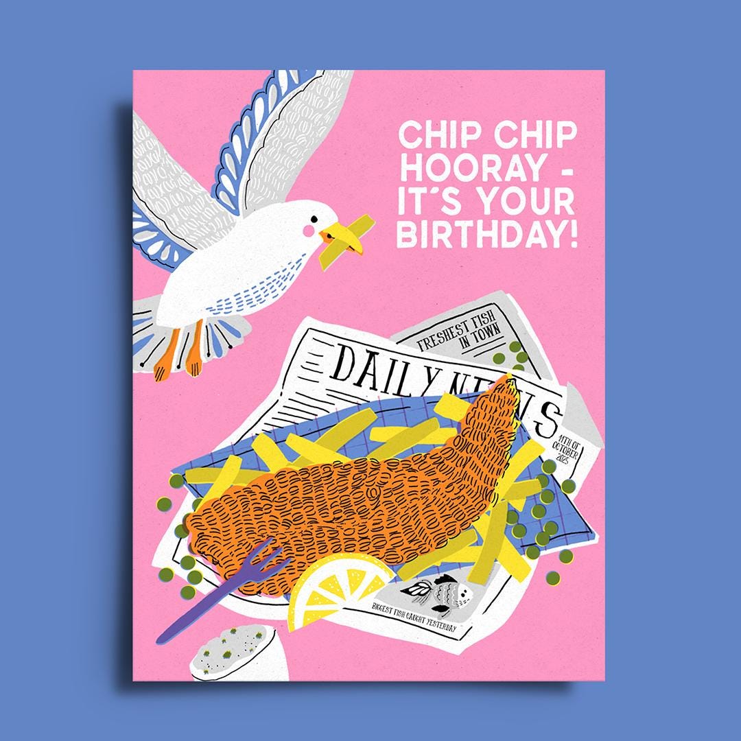 Funny Fish and Chips Birthday Card: Seagull Pun Greeting - Etsy