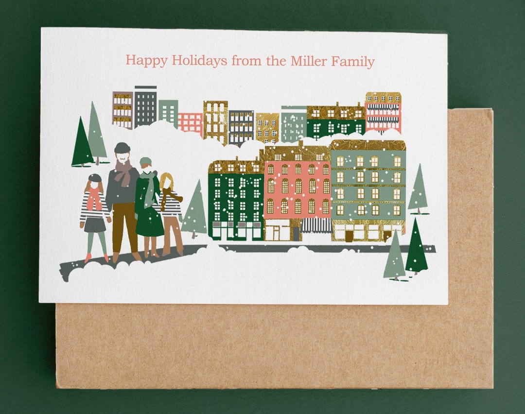 Custom Family Portrait Christmas Card – Illustrated City Print (digital ...