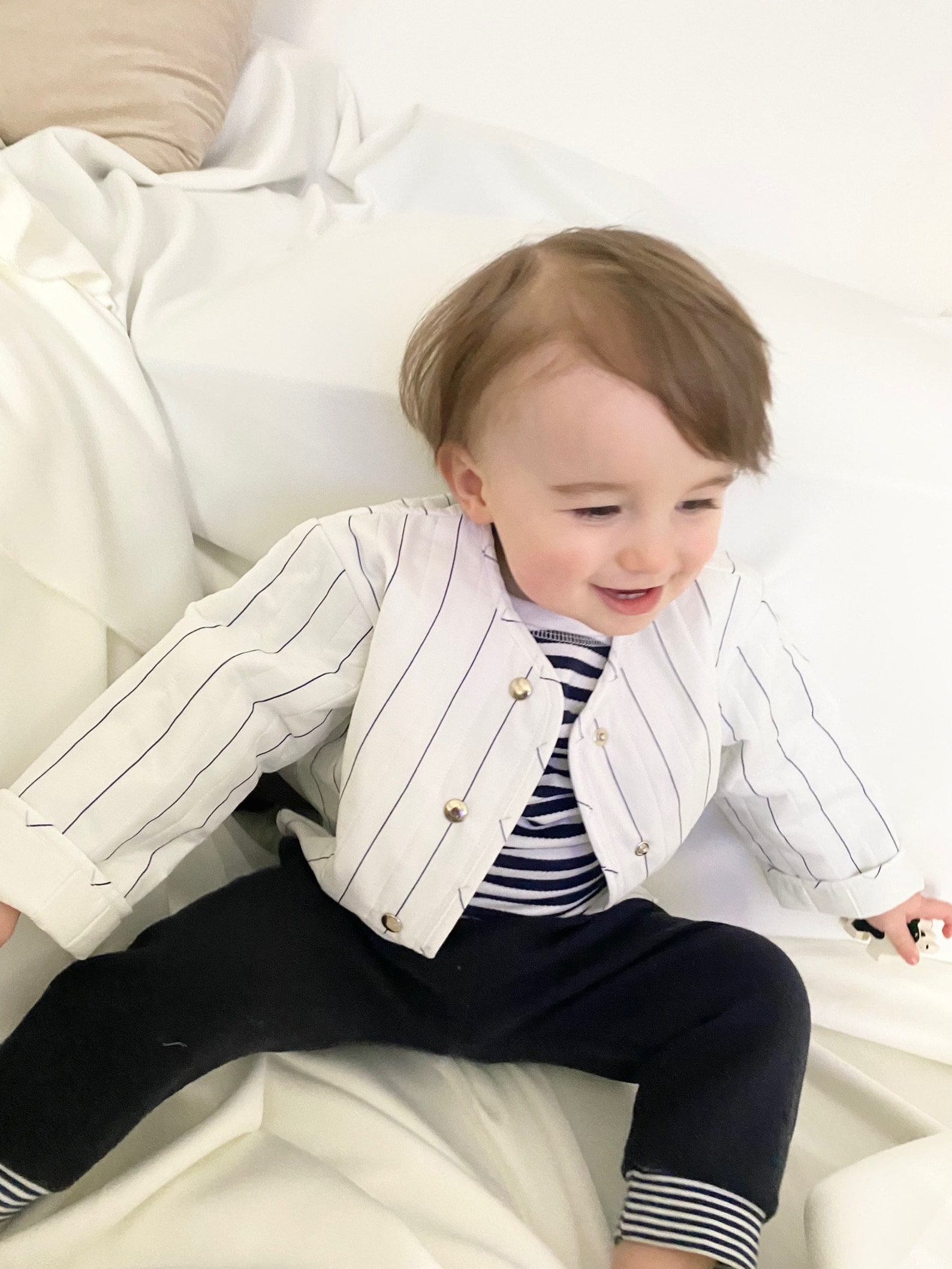 Kawa Quilted Jacket: Handmade Lightweight Outerwear - White Navy Stripe ...