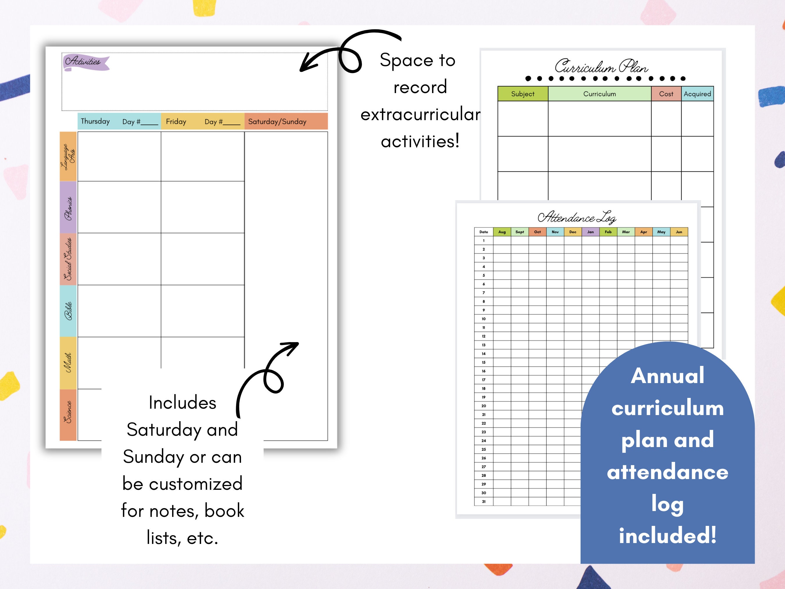 Simple Homeschool Weekly Record/planner Printable | 5pg Academic Lesson ...