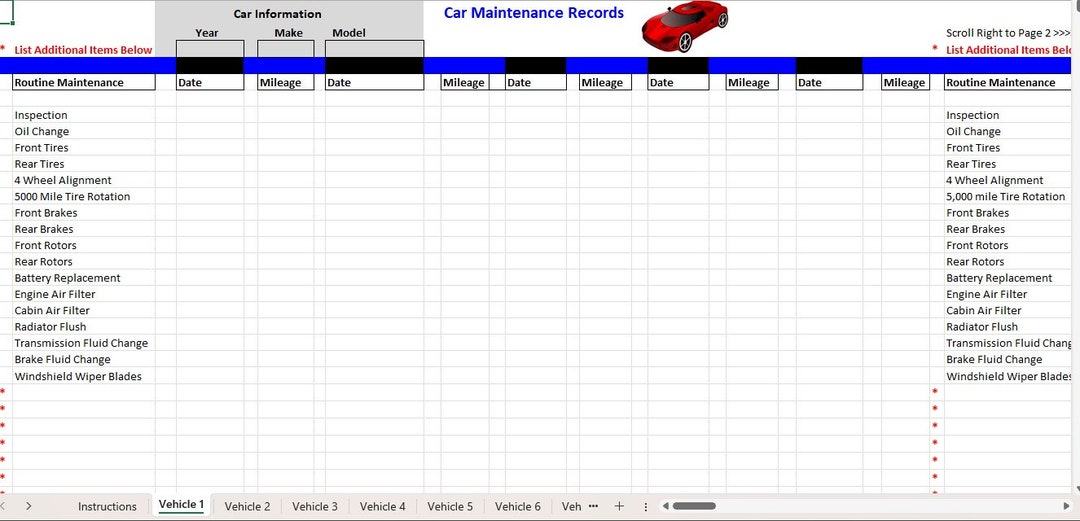 Car Maintenance Tracker, Excel Spreadsheet, Template, Auto Maintenance ...