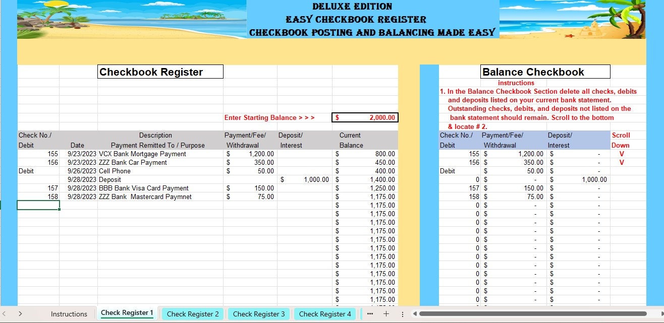 Checkbook Register, Excel Checkbook Register, Excel Spreadsheet, Excel ...