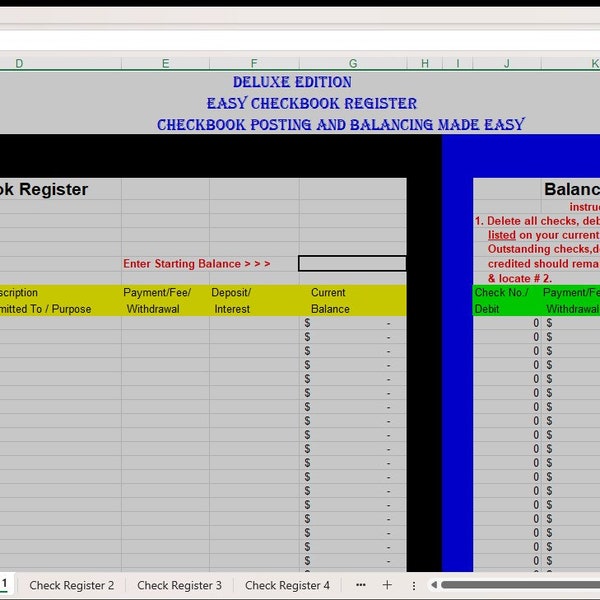Checkbook Register Template Excel - Etsy