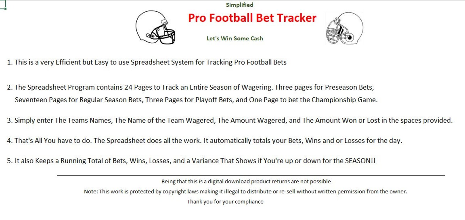 Pro Football Bet Tracker Excel Spreadsheet Excel Template - Etsy