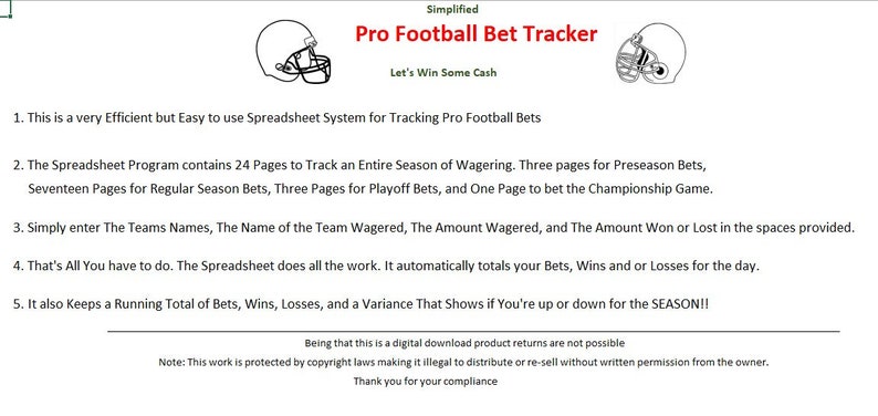 Pro Football Bet Tracker Excel Spreadsheet Excel Template - Etsy